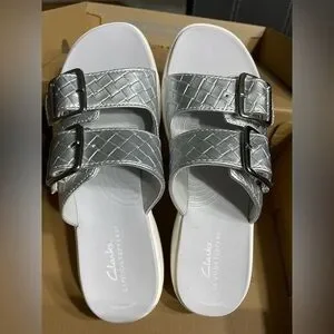 Clarks | Shoes | Clarks Silver Slide Sandals With Adjustable Straps ...